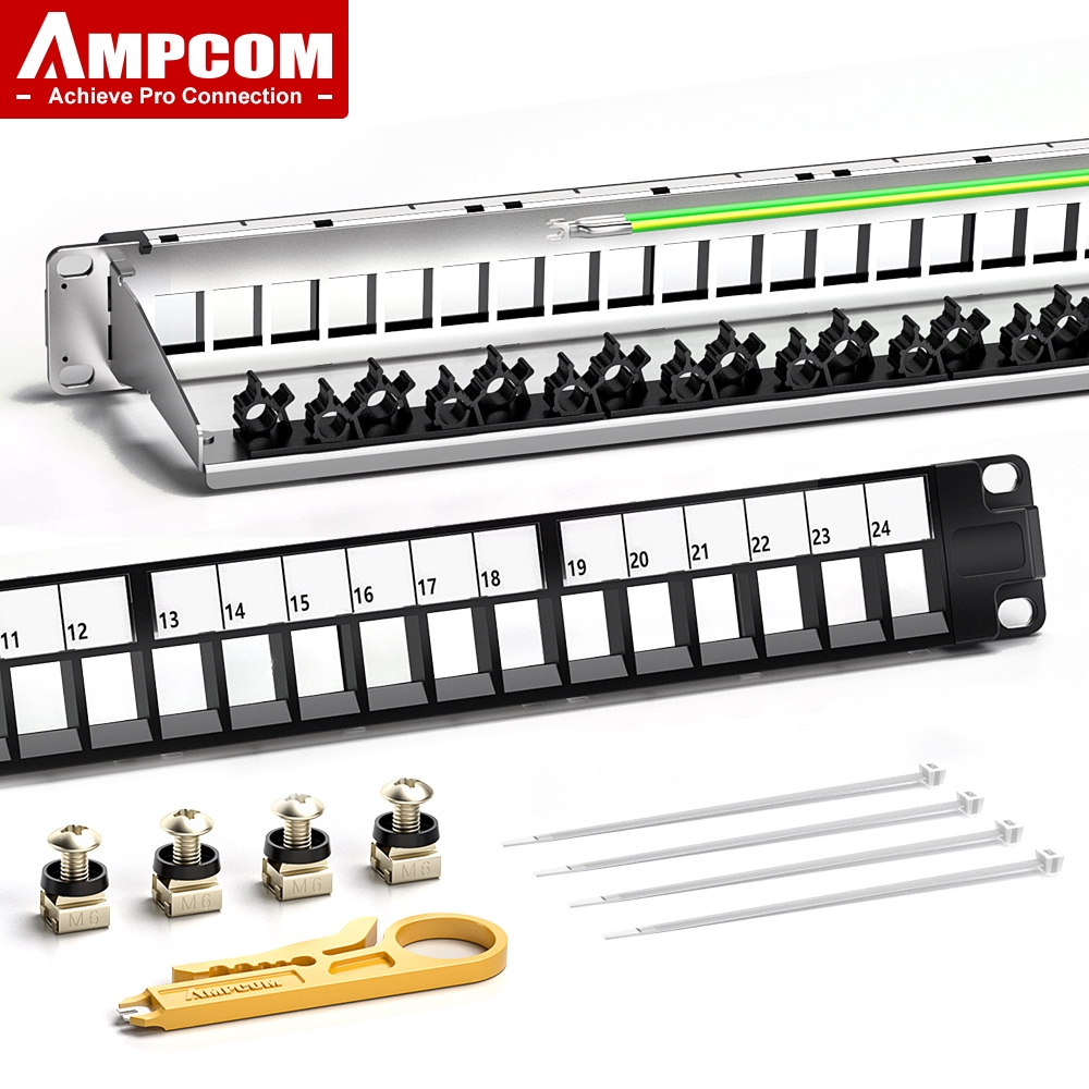 AMPCOM 24-Port Blank Keystone Patch Panel, 1U STP/UTP ,19 Inch Rack ...