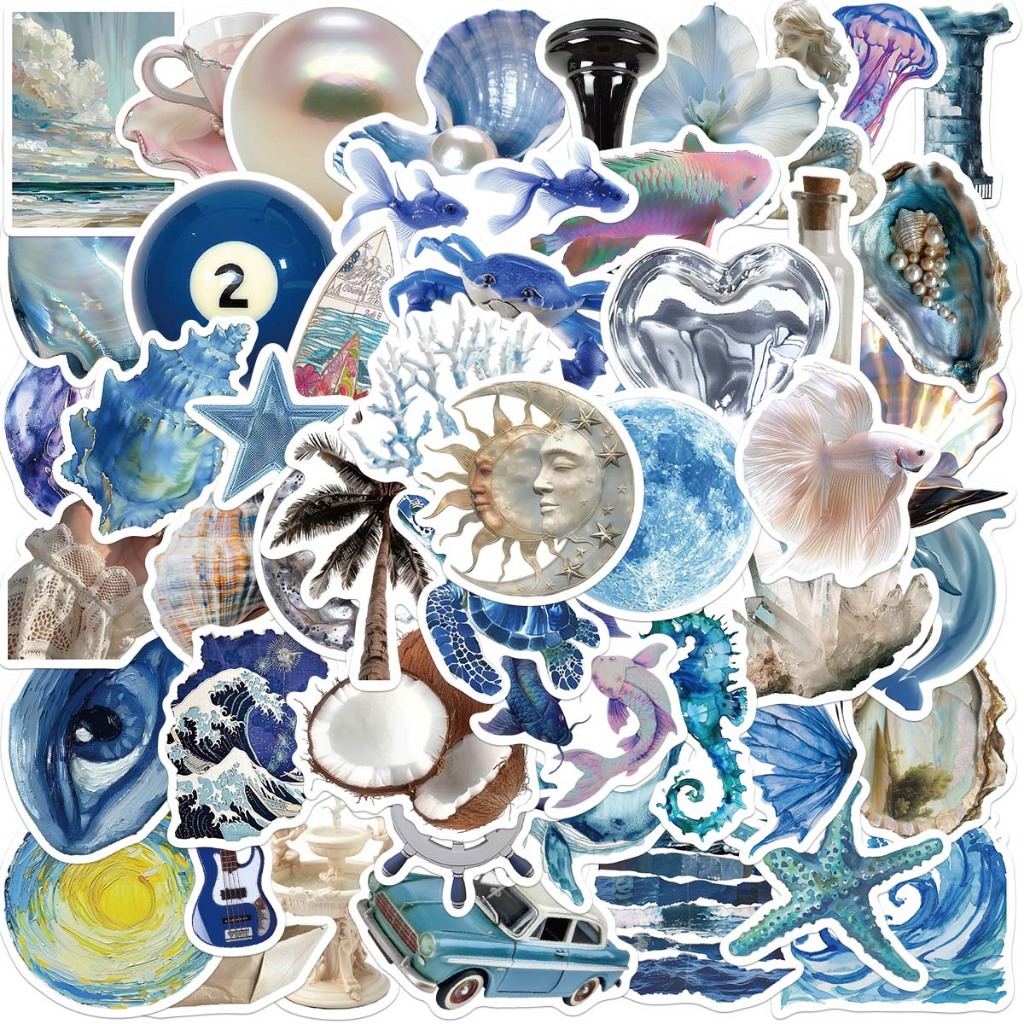 50 pcs Silver Blue Ocean Ins Wind Stickers Graffiti Cartoon Skateboard ...
