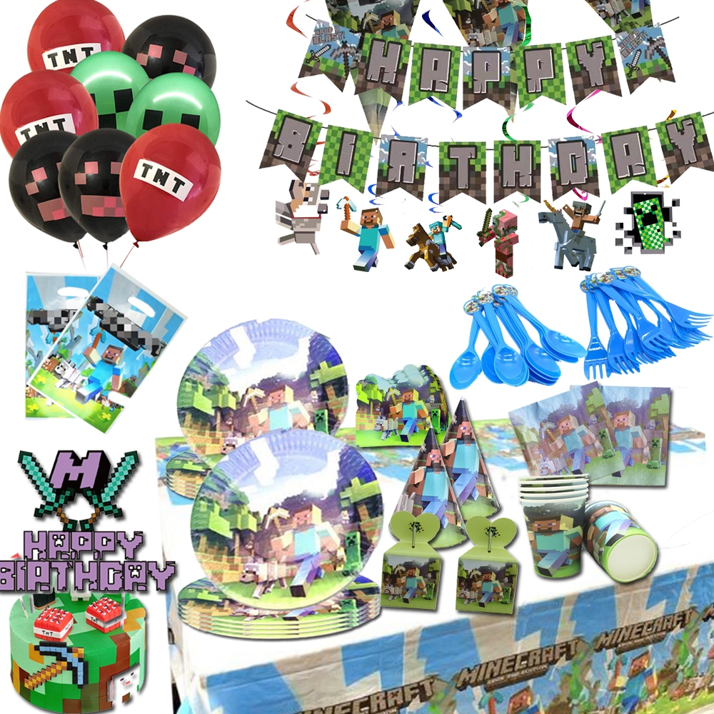 Minecraft Themed Birthday Decorations Paper Cup Tablecloth Cake Topper ...