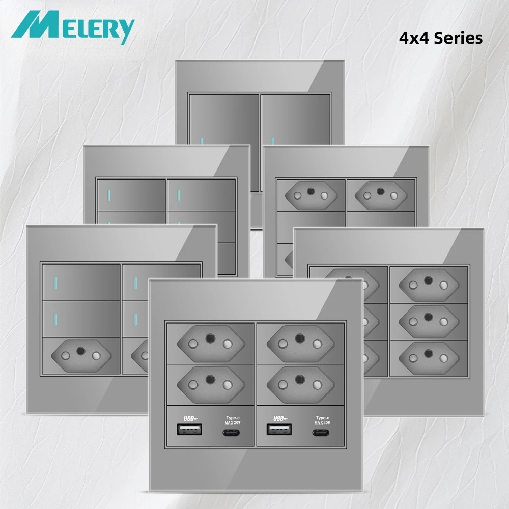 Melery 4x4 Fireproof Glass Panel Brazil Standard Outlet Double USB Type ...