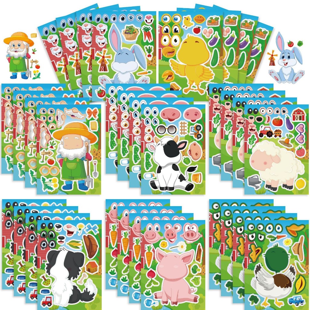 16pcs / Lot Farm Animals Make Your Own Face DIY Puzzle Sticker Kids ...