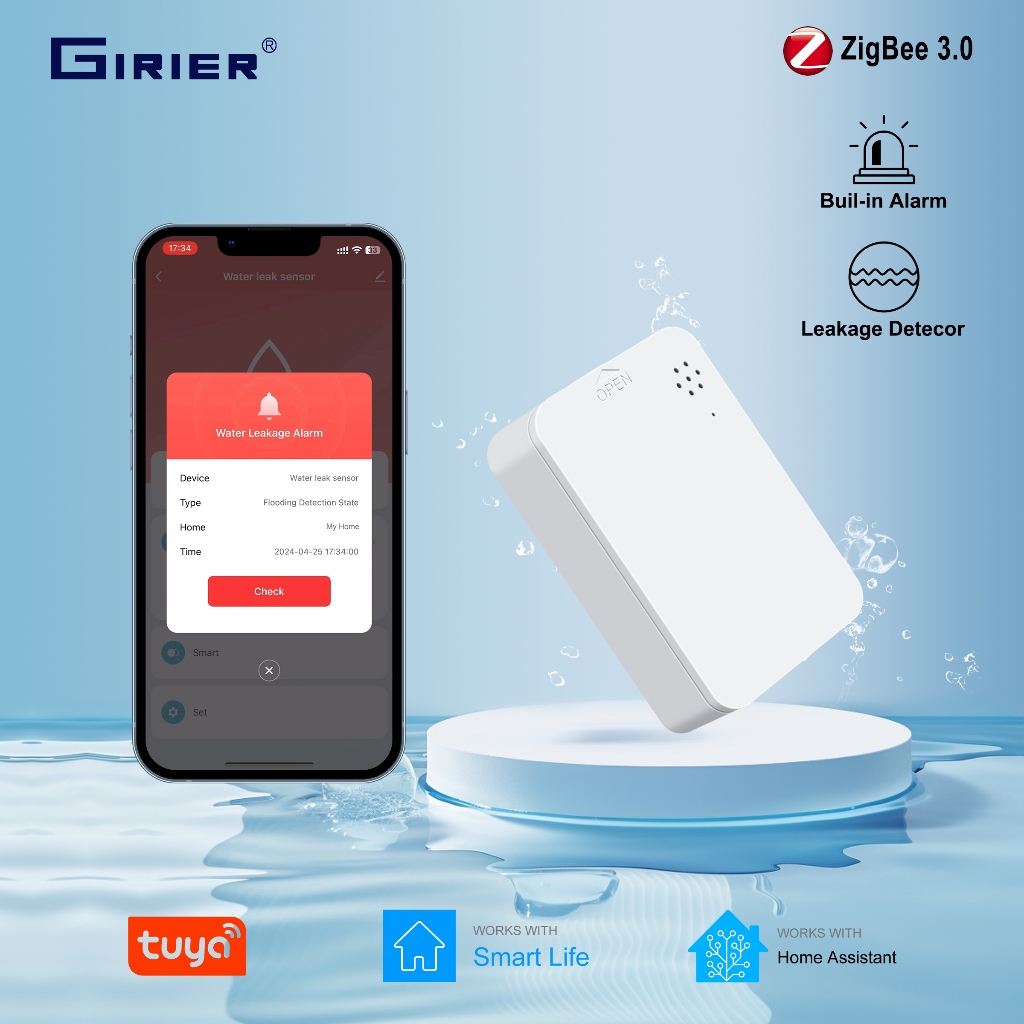 GIRIER Tuya ZigBee Water Leak Sensor Smart Leakage Detector Built-in ...