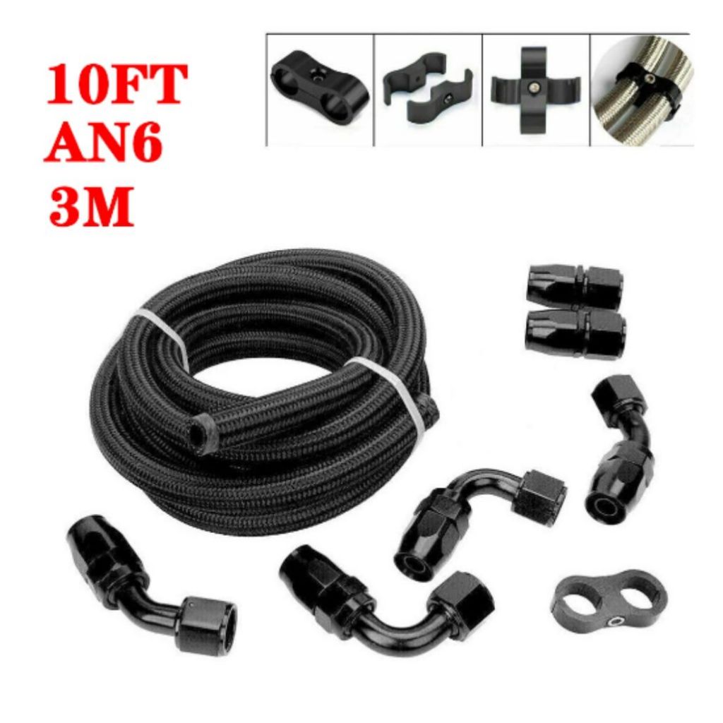Black 3M 10ft AN6 6AN Stainless Steel Braided Fuel Line + Oil Gas Fuel Hose End Fitting | Shopee ...