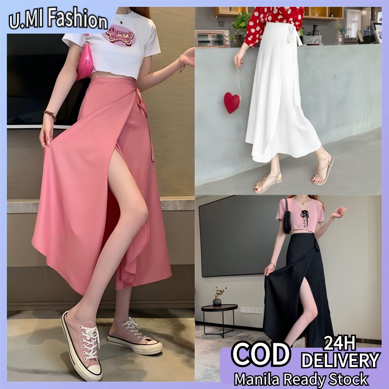 【COD】2024New Women Sexy Plain Chiffon Long Skirt With Slit Korean ...