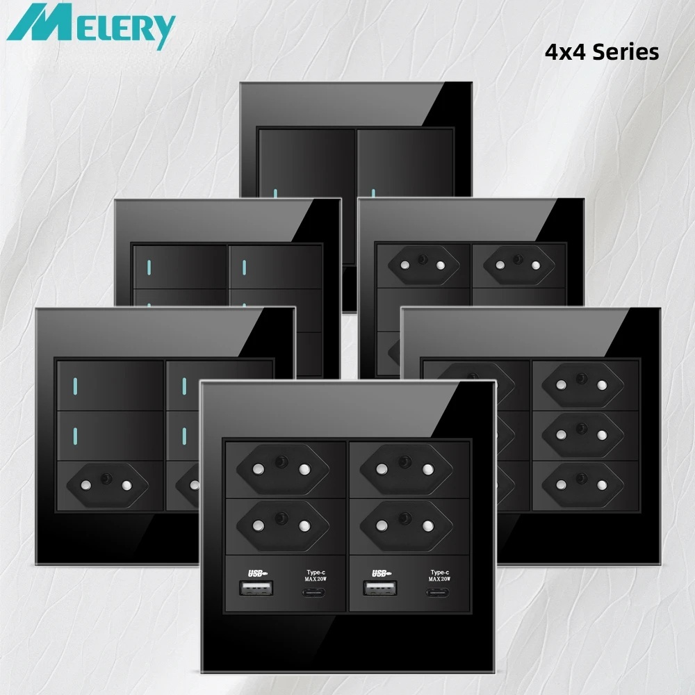 Melery 4x4 Fireproof Glass Panel Brazil Standard Outlet Double USB Type C Wall Power Socket ...