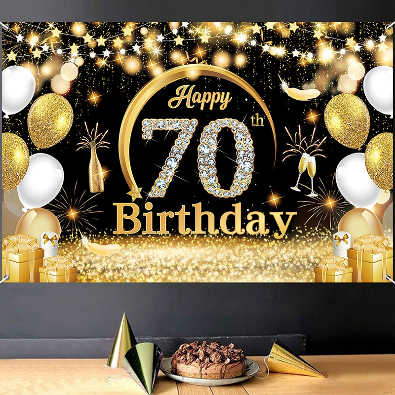 Happy 70th Birthday Backdrop Black and Gold Birthday Party Decorations ...