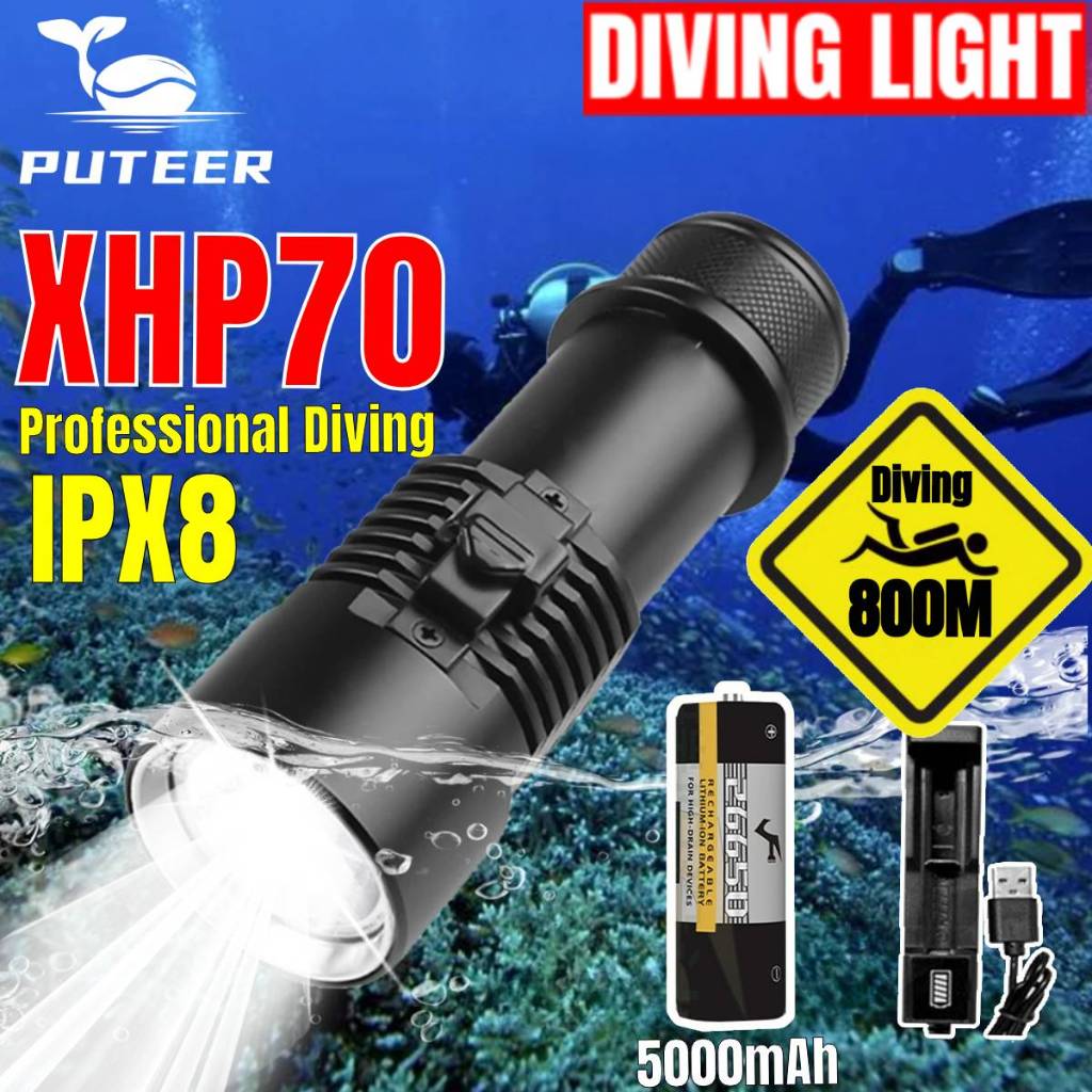 Professional Diving Flashlight Diving Torch Light Waterproof Xhp70 Led ...