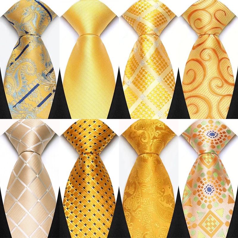 New Men's Tie 8CM Neckties For Man Classic Jacquard Woven Plaid Stripes Solid Yellow Color Neck ...
