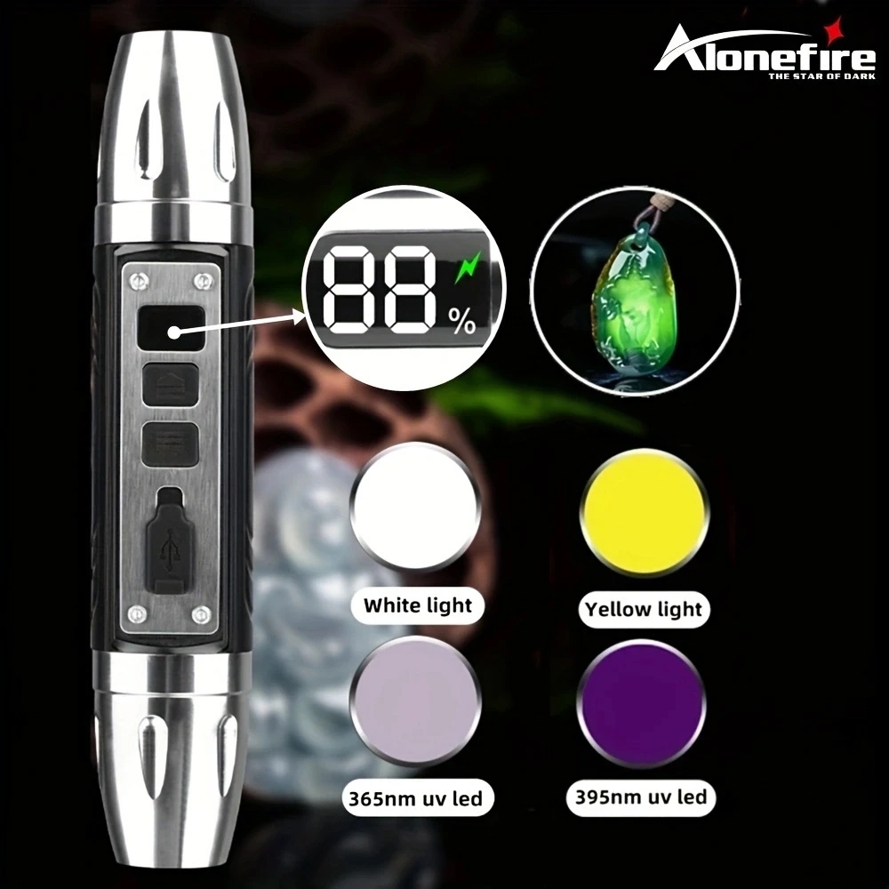 Alonefire SV106 4-in-1 White Yellow UV 365nm/395nm LED LCD Flashlight USB Rechargeable Torch ...
