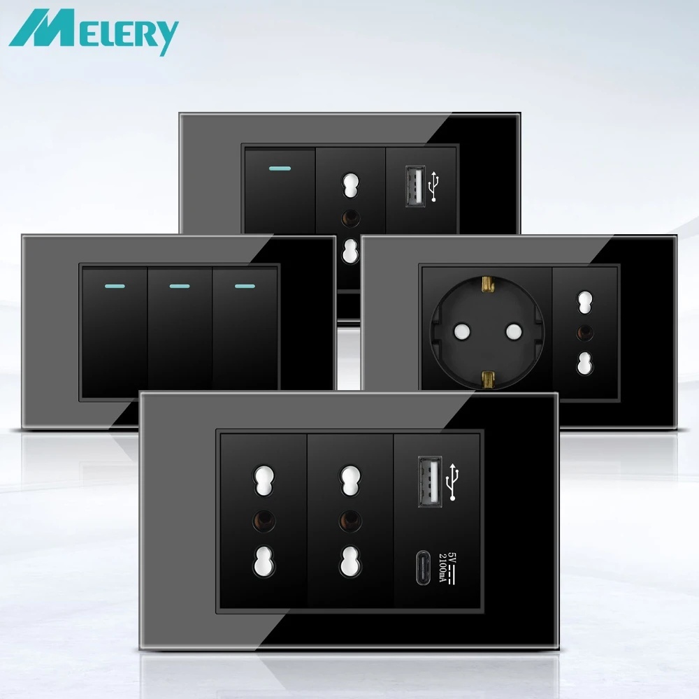 Melery Black Tempered Glass Italy Standard Home Office EU Outlet USb Type C Chile Korea Wall ...