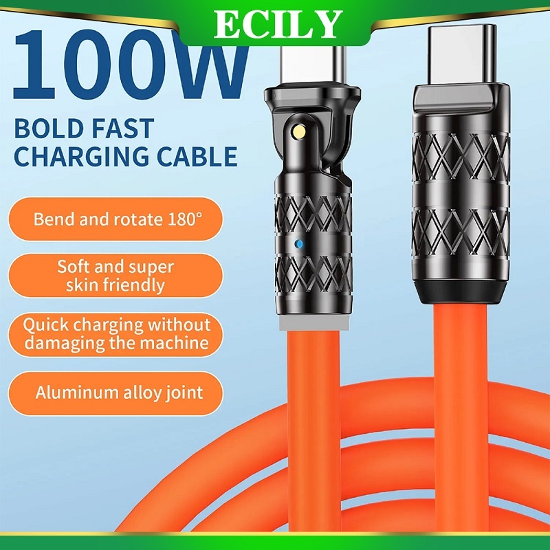 ECILY 100W Type-C Phone Fast Charging Cable Liquid Silicone Rotatable ...