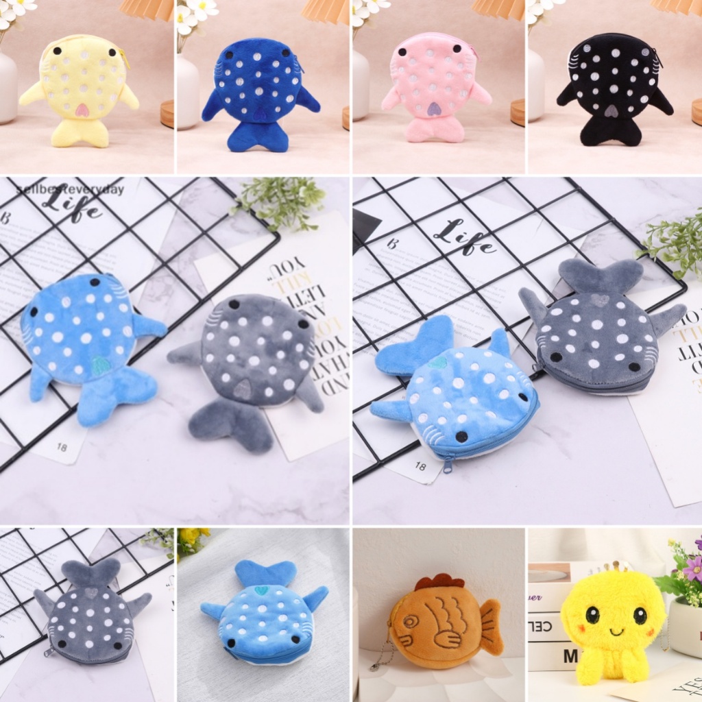 [Springeven] Cute Cartoon Plush Shark Coin Purse Plush Zipper Animal ...
