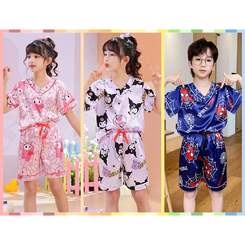 Kids Girls Silk Stain Pajamas Cartoon Short Sleeve Silk Pajamas ...