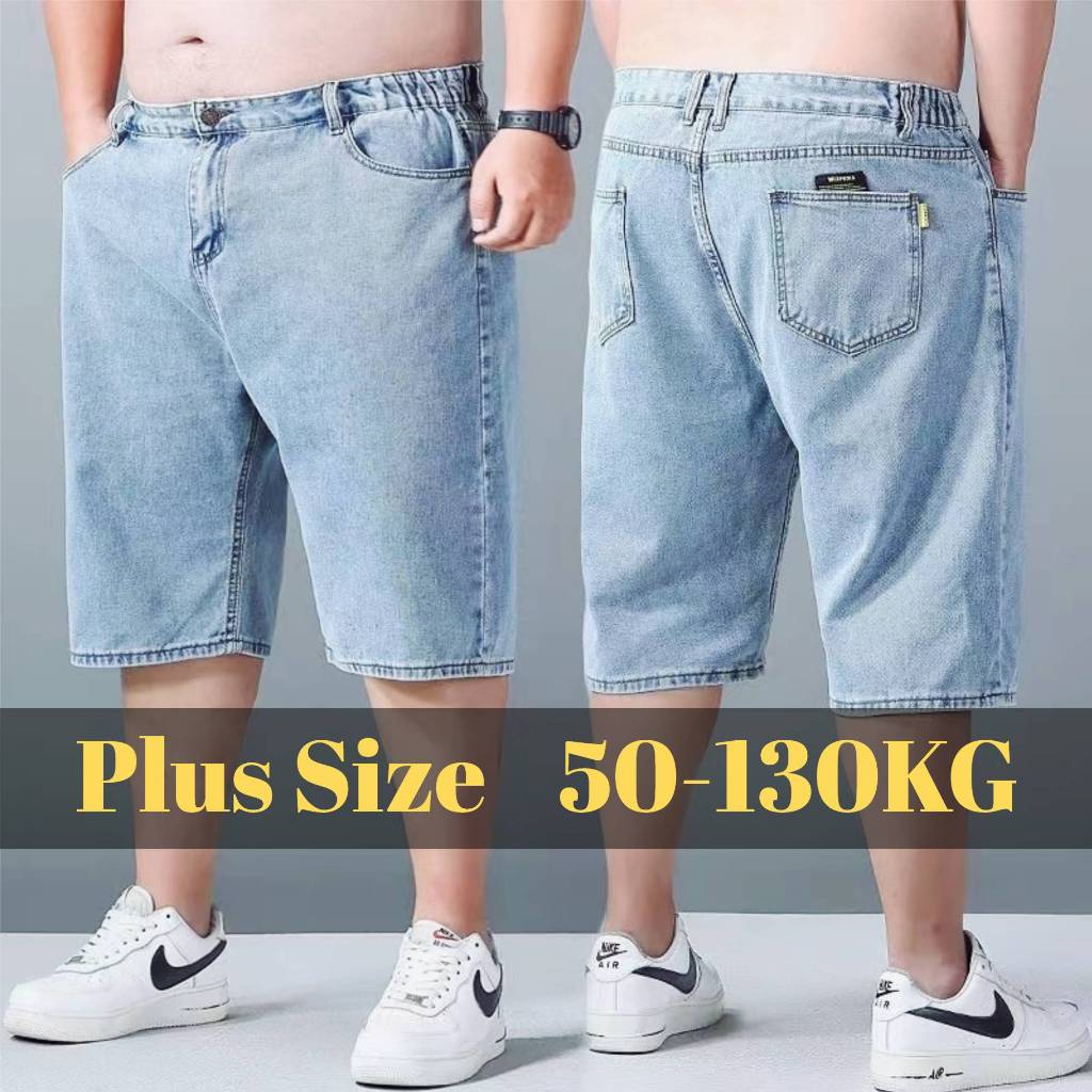 50-130KG Plus Size Men's Oversized Fashion Loose Knee Length Light Blue Straight Denim Shorts ...