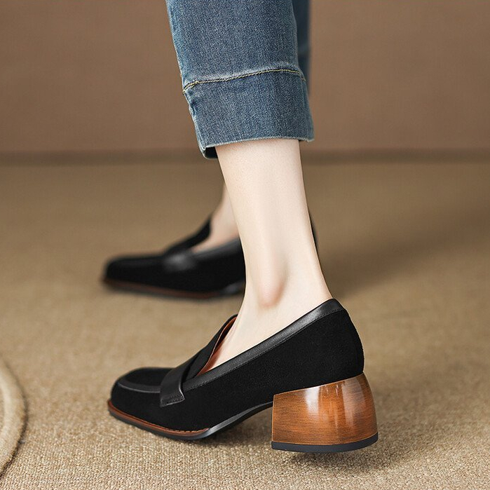 Elegant Black Suede Date Loafer Shoes with Block Heel for Women 2 ...