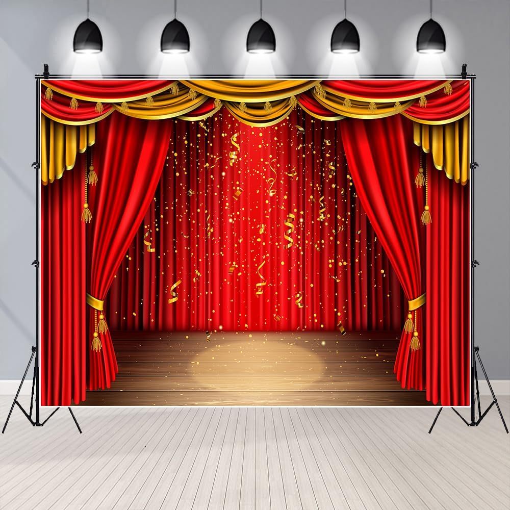 Stage Backdrops Golden Stage Lights Ribbon Red Curtains Rustic Wooden ...