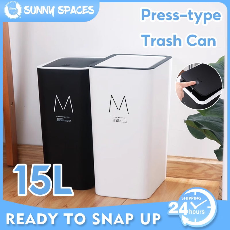 SUNNY SPACES 10/15L Press-Type Trash Bin With Cover Rectangular Trash ...
