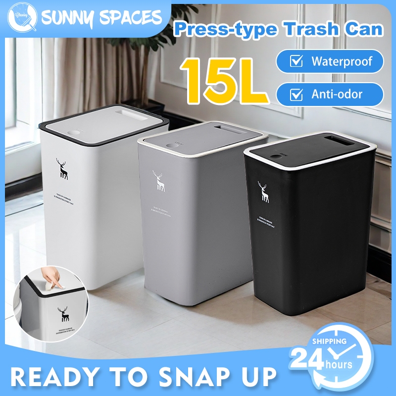 SUNNY SPACES 10/15L Trash Can With Cover Press-Type Trash Bin ...