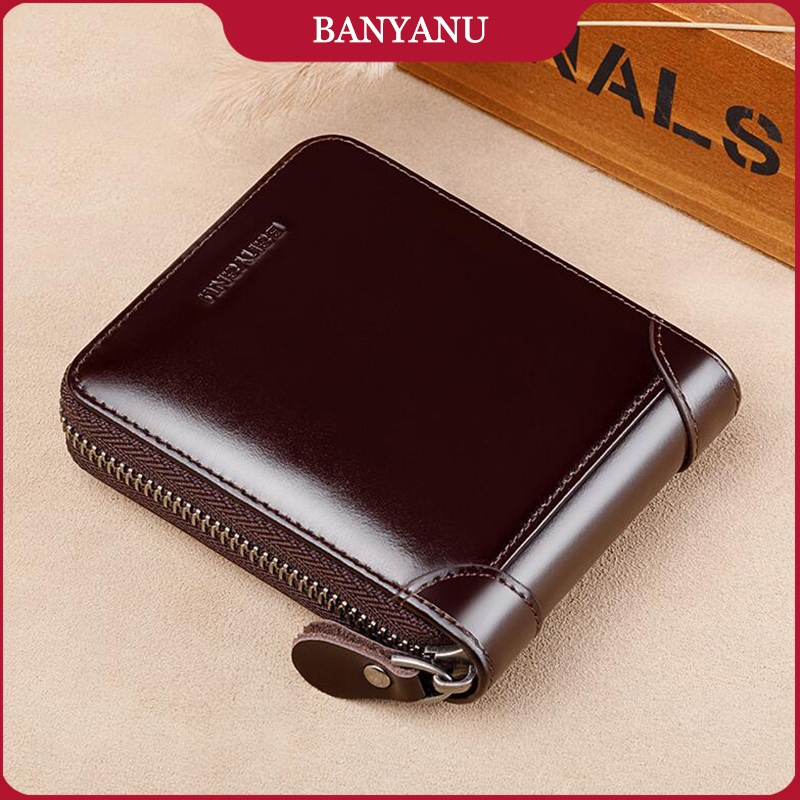 BANYANU Business Men Cowhide Genuine Leather Purse Anti RFID Zip Coin ...