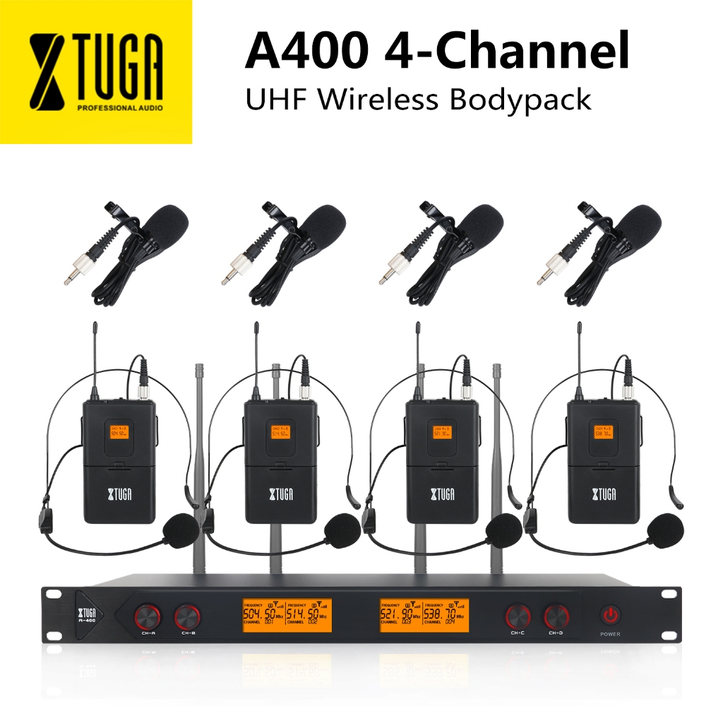 XTUGA A400 Professional 4-Channel UHF Wireless Microphone System with 4 Bodypacks for Stage ...