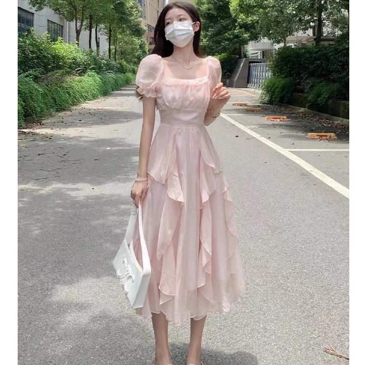 Weilan# French Super Ruffled Long Dress Puff Short Sleeve Lace Lotus ...