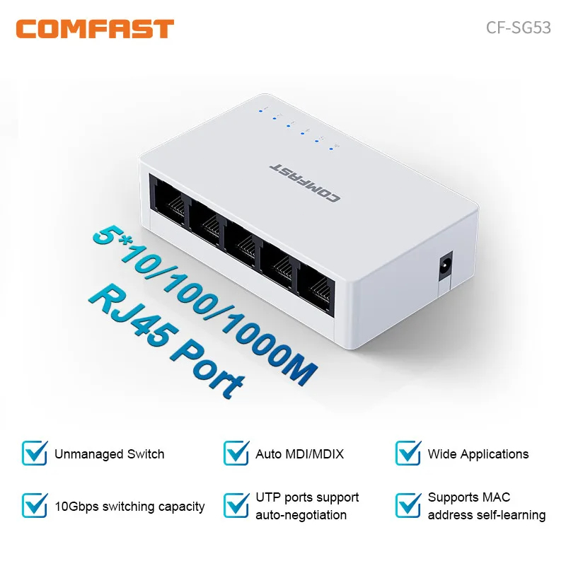 Comfast Gigabit Ethernet Switch 5 Ports Internet Network Switch 10/100 ...
