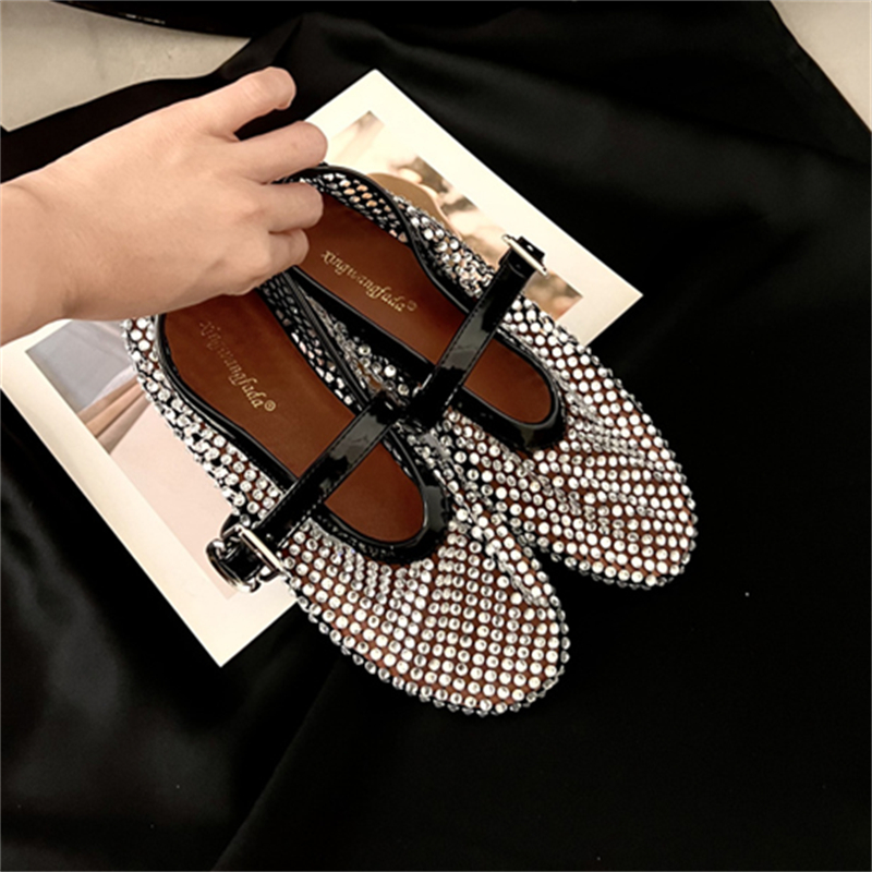 Fashion INS Style Rhinestones Net Yarn Round Head Ballet Shoes Mules ...