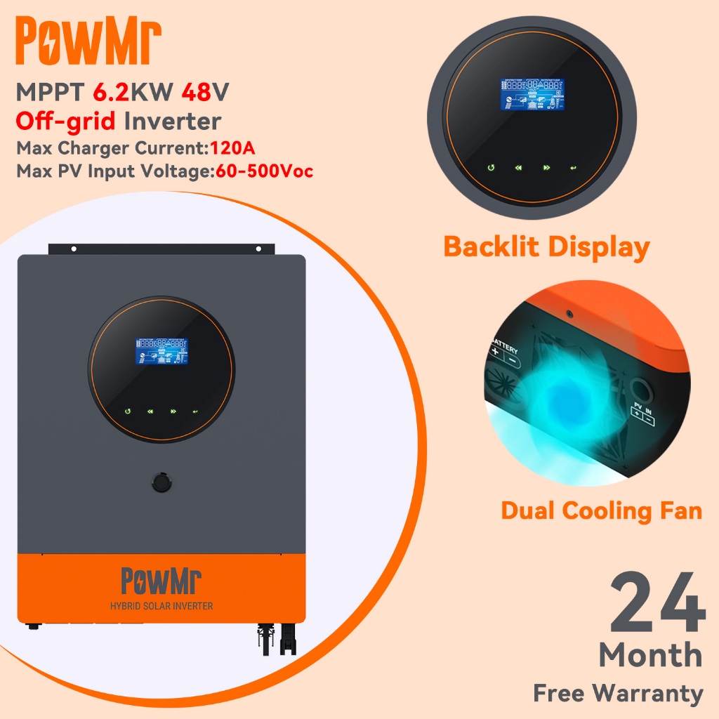 PowMr 6.2KW Off-Grid Hybrid Solar Inverter 48V MPPT Solar Charger Controller 500VDC Hybrid ...
