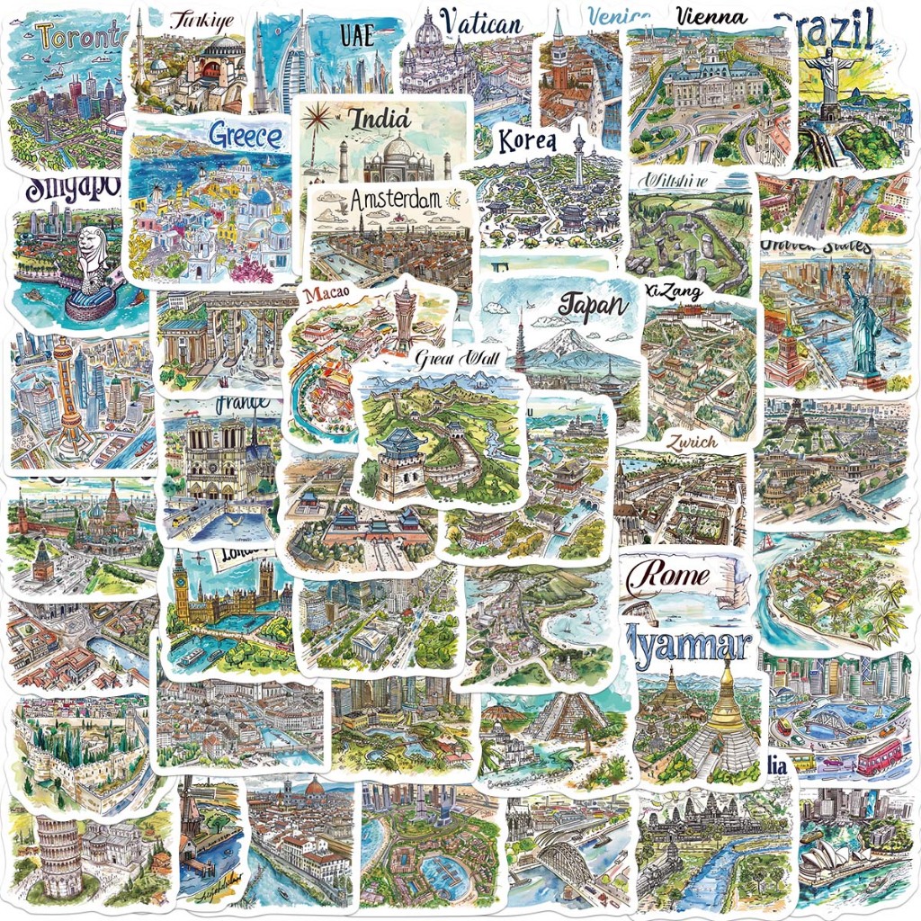 50 pcs Hand drawn tourist map stickers Graffiti Cartoon Skateboard ...