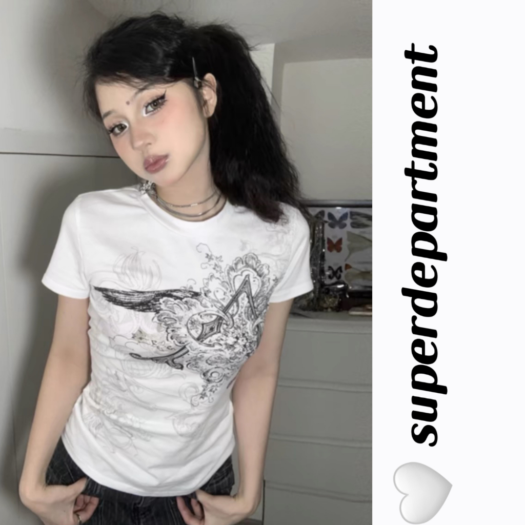 SUPER-Women´s Vintage Print Tops Casual Short Sleeve Round Neck Slim Fit T-Shirts Y2K | Shopee ...