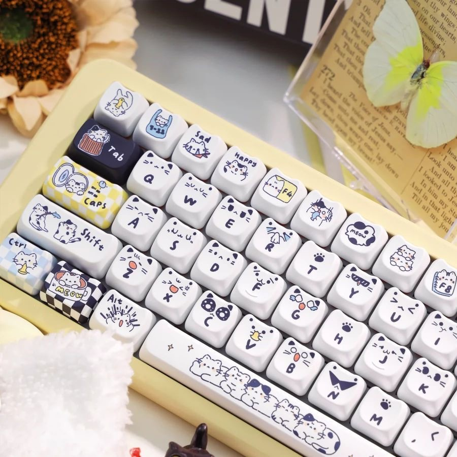 Black And White Meow Meow Keycaps 142 Keys MAO Height PBT Material ...