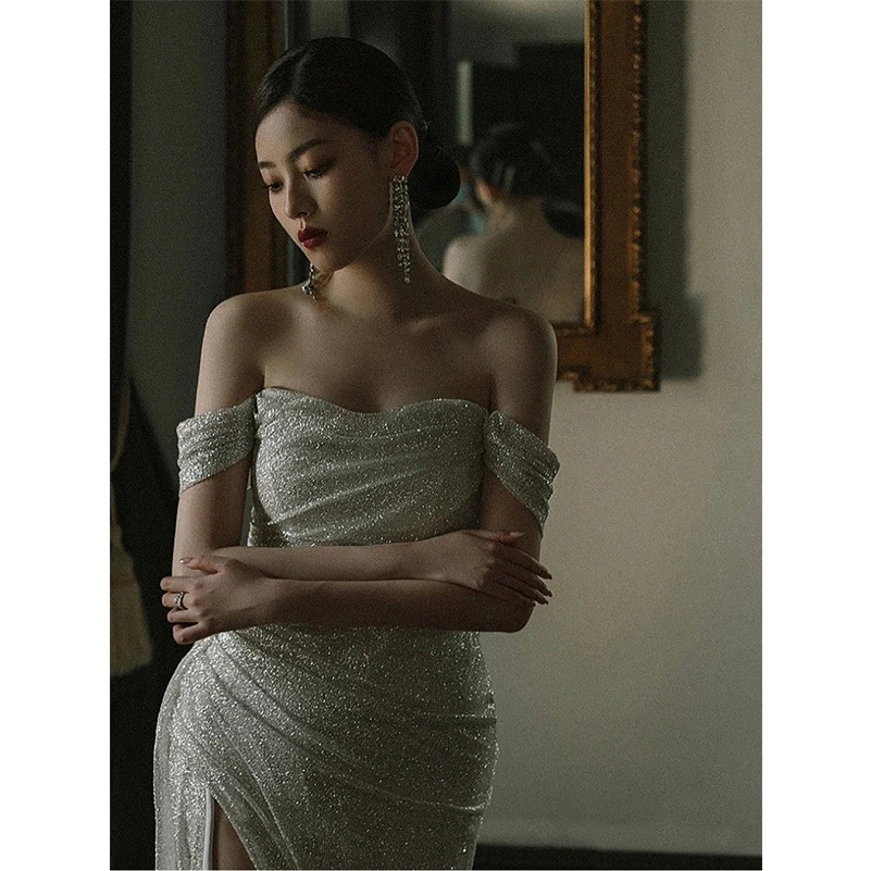 Ladies Entry Lux Elegant off-Neck Glitter Evening Dress 2023 New Sexy ...