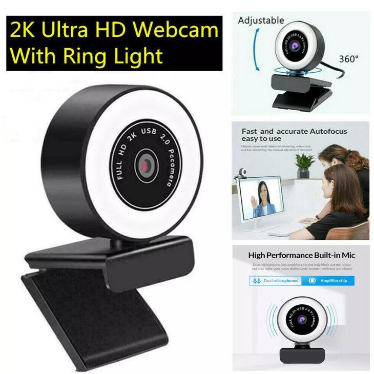 2K HD Autofocus Webcam with Ring Light Web Camera Microphone USB 2.0 PC ...