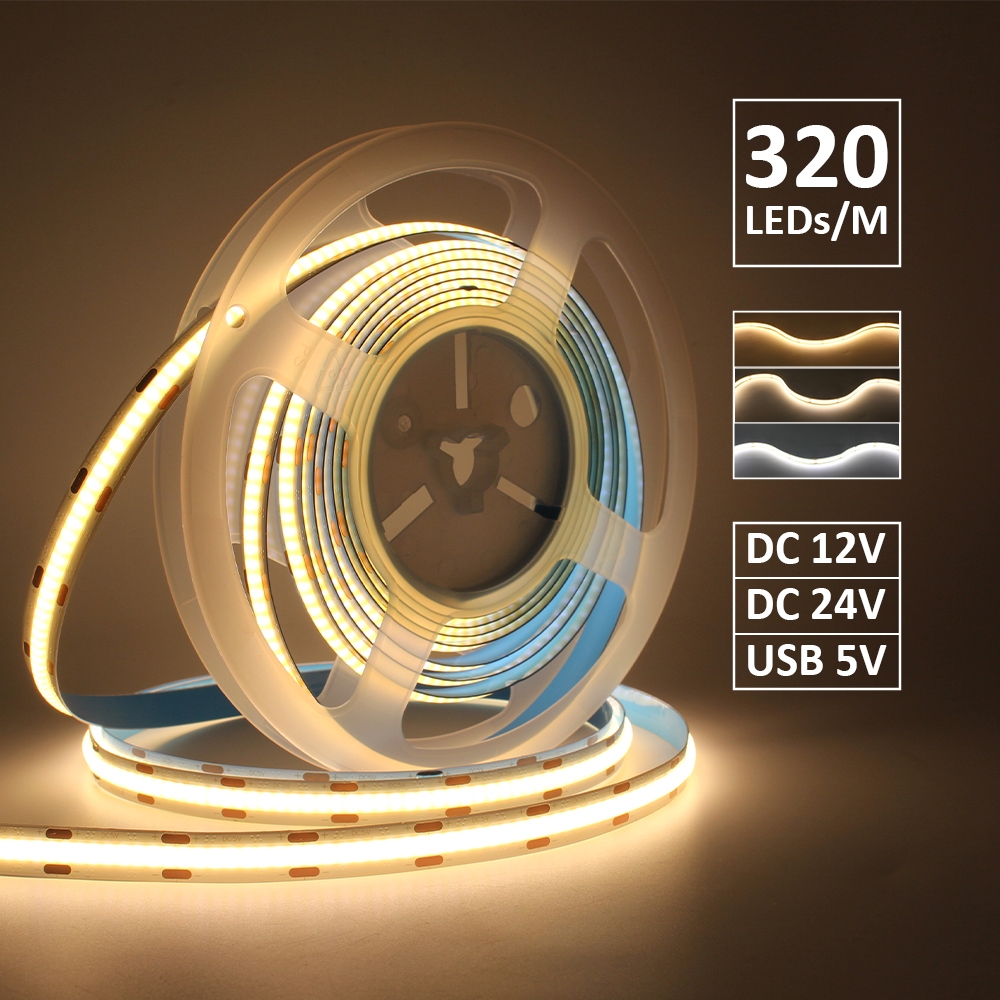 5m 5V 12V 24V COB LED Strip Light 320LEDs/m High Brightness WW CW NW Flexible Ribbon 5M Linear ...