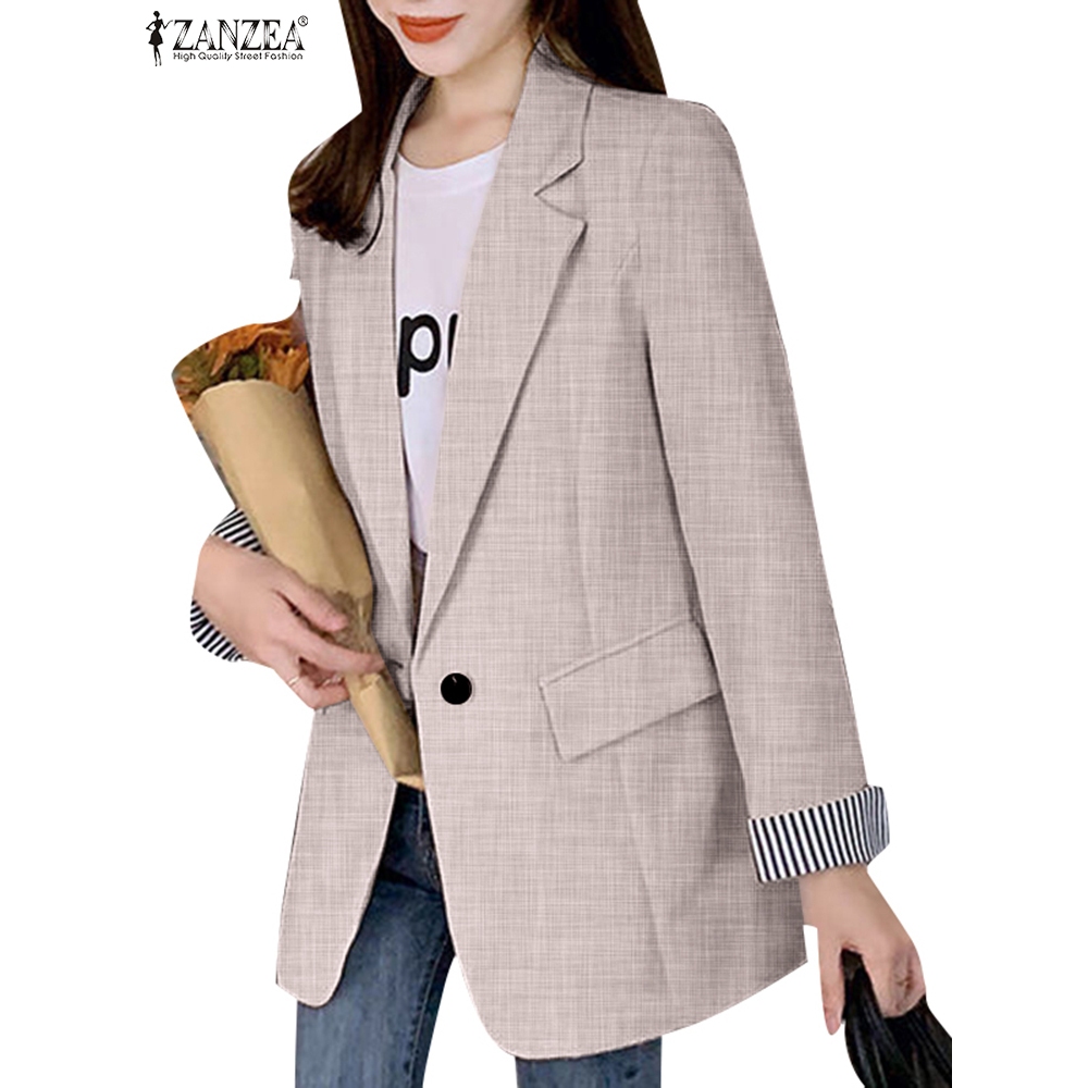 ZANZEA Women Korean Notched Collar Long Sleeves Striped Cuffs No Lining ...