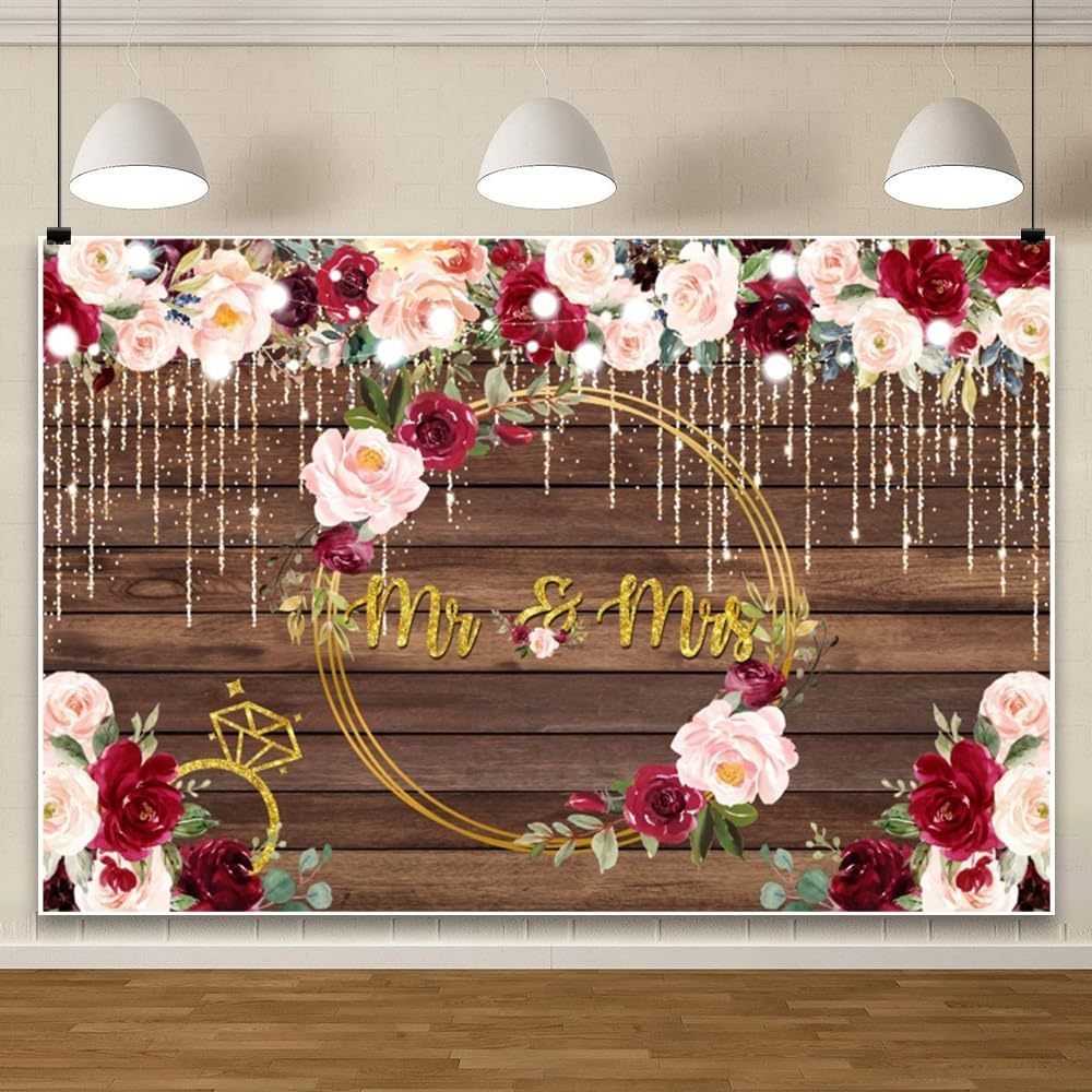 Rustic Mr & Mrs Backdrop Pink Floral Brown Wood Couples Engagement ...