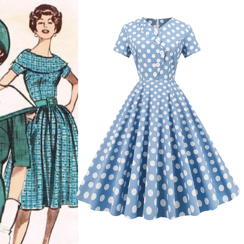 Retro Pinup Swing Dress Printed Polka Dots Contrast Color Elegant Large ...
