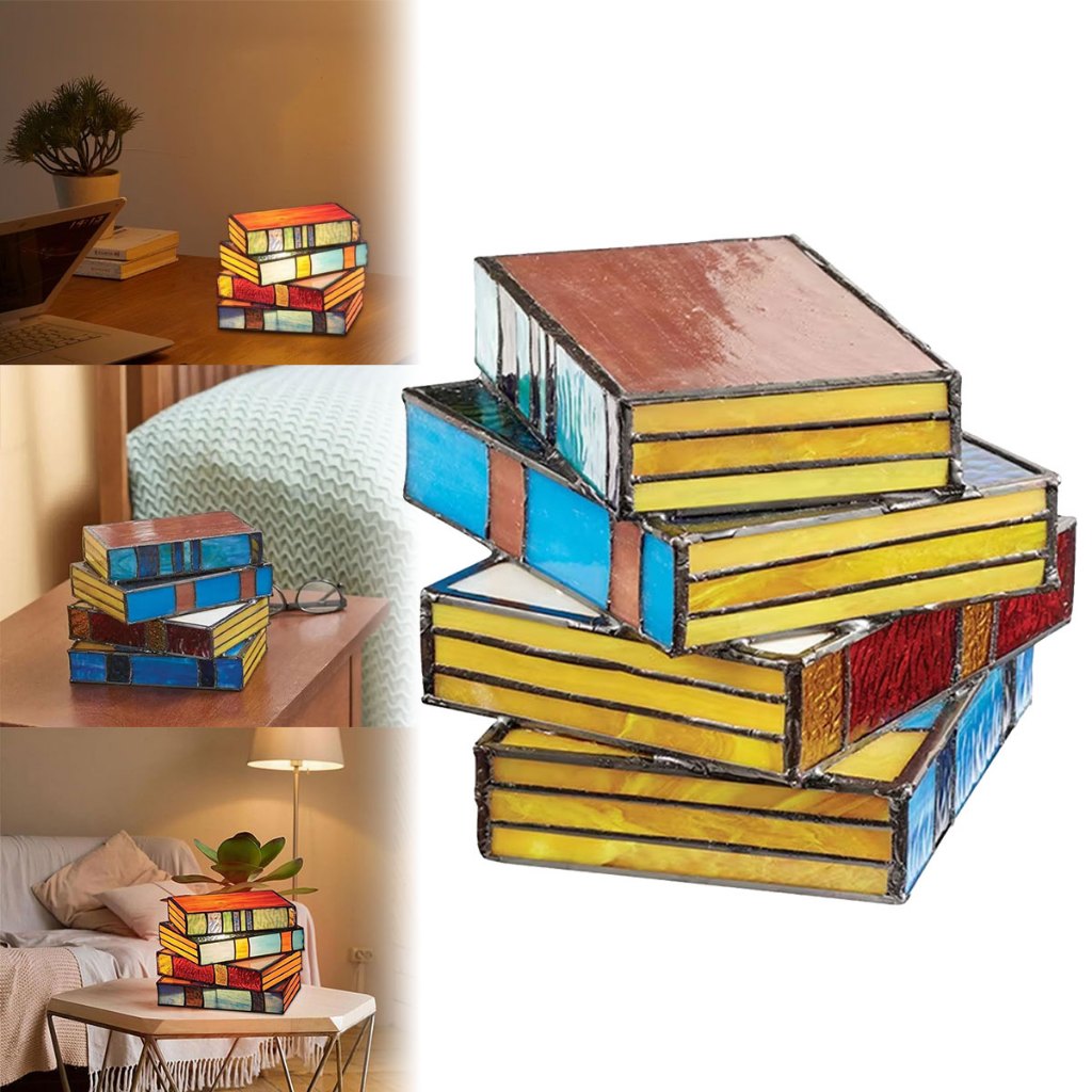Stacked Books Lamp Stained Glass Table Lamp Vintage Night Light ...