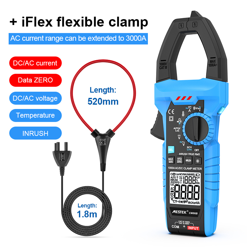 CM86B Current Hook Meter 3000A DC/AC Flexible Clamp Leakage Safety ...