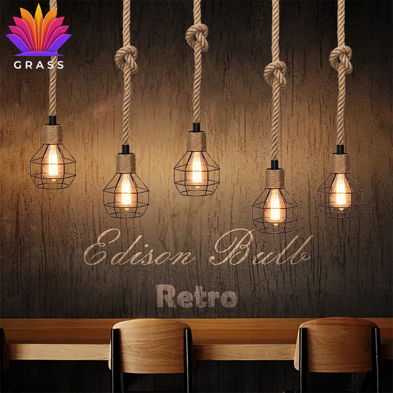 Pendant Light Retro Iron Cage Hemp Rope Drop Light for Bar Cafe Counter ...