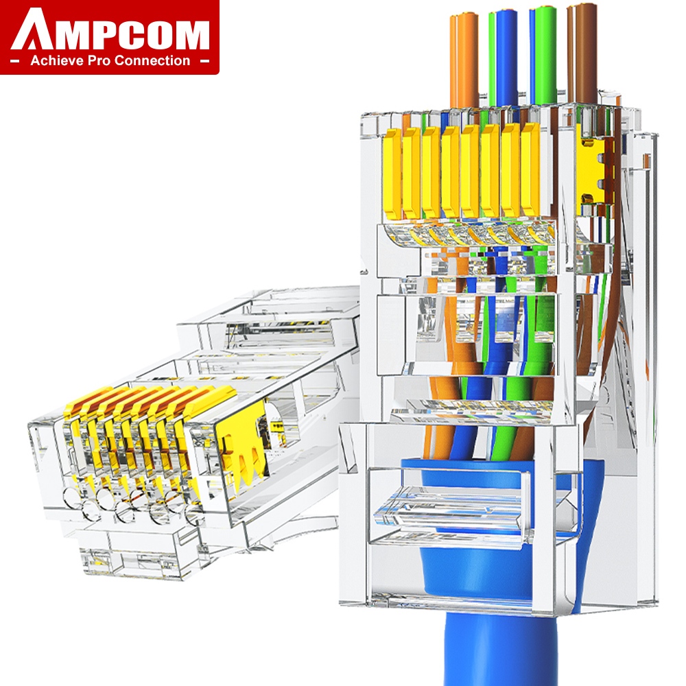 AMPCOM Pass Through EZ UTP RJ45 Connectors , 100PCS CAT6 CAT5E Pass ...