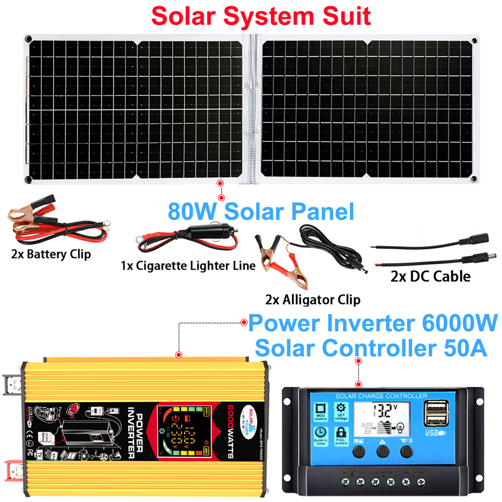 Solar System Set 80W Solar Panel+6000W Power Inverter with Smart LCD Display Dual USB Charger ...
