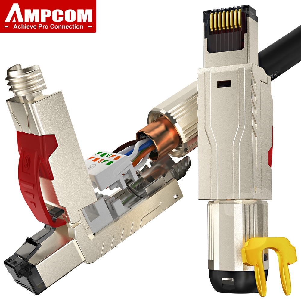 AMPCOM RJ45 Connector, CAT8 STP Tool Free Shielded Modular Plugs CAT7 CAT6A Zinc alloy Field ...
