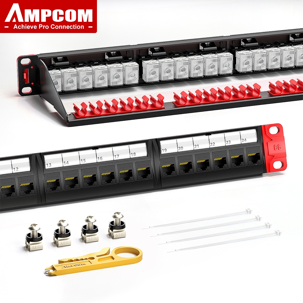 AMPCOM 1U/0.5U 24-Port Rack-Mounted Patch Panel with Detachable CAT6 ...