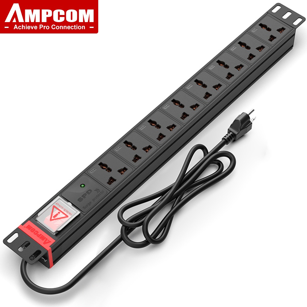 AMPCOM 19in Universal PDU 8 Outlets with Master Switch Lightning Protection Function Module 10A ...