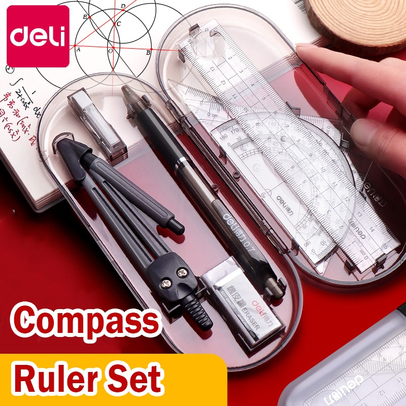 Deli Ruler Set Triangle Measuring Ruler Compasses Drawing Test Teaching ...