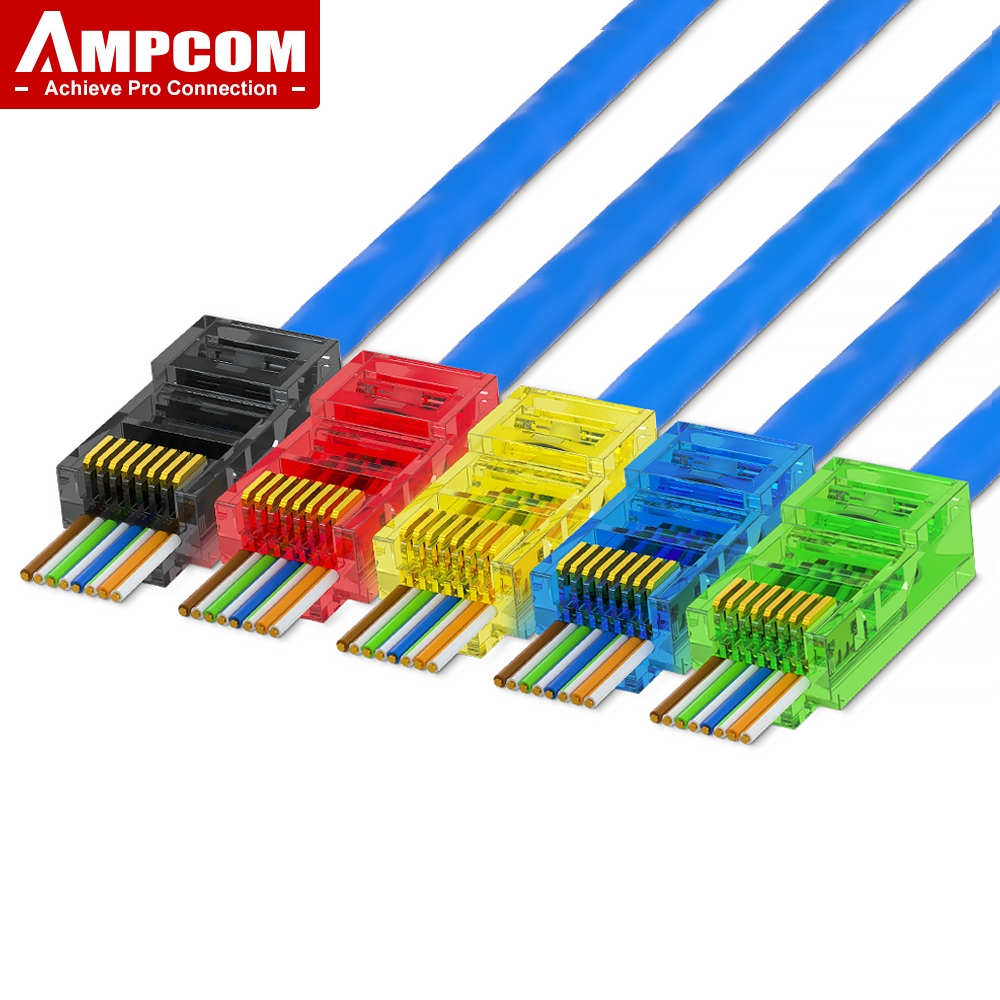AMPCOM CAT6 RJ45 Pass Through Connectors EZ to Crimp Modular Network ...