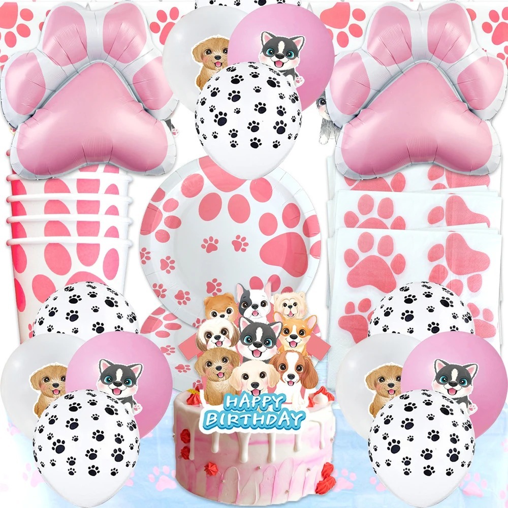 Pink Dog Paw Print Theme Balloon Plates Cupcake Topper Blowouts Happy ...