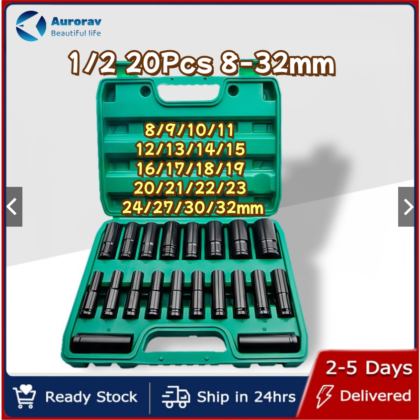 20PCS 1/2 IN Drive Deep Impact Socket Set Heavy Metric Garage Tool For Wrench Adapter Hand Tool ...