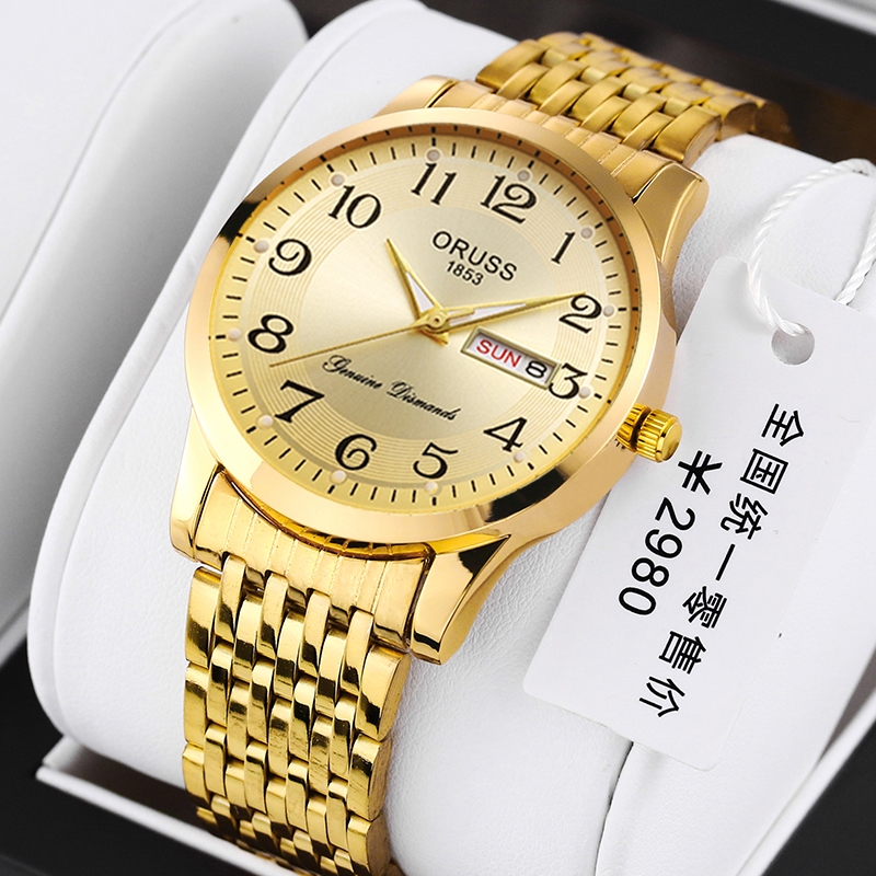 ORUSS Original Dual Calendar Gold Luxury Waterproof Stainless Steel ...